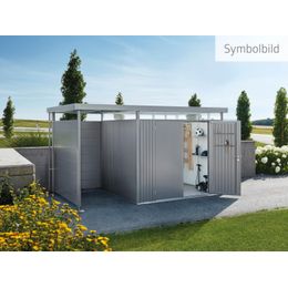 Gerätehaus BioHort "HIGHLINE Gr. H4, verschiedene Farben", grau (quarzgrau, metallic), Stahl, Gerätehäuser, stylisches Metall-Gartenhaus mit Flachdach