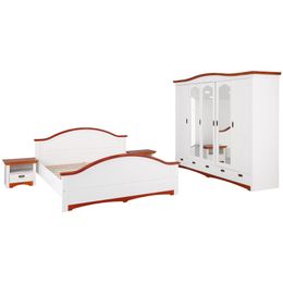 Schlafzimmer-Set Home Affaire ""Konrad", komplettes Schlafzimmer mit großem Schrank", weiß (weiß, kirschbaumfarben), Schlafzimmermöbel-Sets, mit 5-trg. Kleiderschrank, Bett 180/200 cm und 2 Nachttischen
