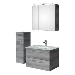 Badmöbel-Set SAPHIR "Badmöbel-Set Trentino 3-teilig Glas-Waschtisch mit LED-Spiegelschrank", grau (graphit struktur quer nb), Kastenmöbel-Sets, Badezimmer-Set mit Unterschrank inkl. Türdämpfer