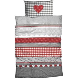 Bettwäsche CASATEX "Herz-Karo", grau (grau, rot), B/L: 200cm x 220cm, 1 Stk., 2 Stk., Biber, B/L: 80cm x 80cm & 80cm x 80cm, 3 Stk., Biber, Obermaterial: 100% Baumwolle, Bettwäsche, niedlichem Herz-Karo Design