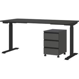 Büromöbel-Set Germania "Lemont", grau (graphit), B:215cm H:120cm T:80cm, Kunststoff, Metall, Spanplatte, Arbeitsmöbel-Sets, Set bestehend aus höhenverstellbarem Schreibtisch und Rollcontainer