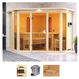 Sauna Karibu "Adele", beige (naturbelassen), Bio-Kombiofen, externe Steuerung, 9 kW, Saunen, 9-kW-Bio-Ofen mit ext. Steuerung, inkl. 2 Infrarot-Vitalightstrahlern