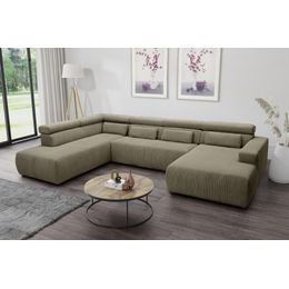 Wohnlandschaft DOMO collection "Brandon, whlw. mit Sitztiefenverstellung, inkl. Nierenkissen", braun (schlamm), B:359cm H:80cm T:228cm, Kunstleder SOFTLUX;Luxus-Microfaser in Antikleder-Optik (100% Polyester);Luxus-Microfaser (100% Polyester), Sofas, ohne Sitztiefenverstellung, Cord, schlamm