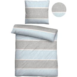 Bettwäsche Biberna Gr. 2, blau (bleu, grau), B/L: 155cm x 220cm, Biber, B/L: 80cm x 80cm, 2 Stk., Biber, 100% Baumwolle, Bettwäsche