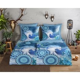 Wendebettwäsche HIP "Lumi", blau, B/L: 155cm x 220cm, 1 Stk., 1 Stk., Biber, B/L: 80cm x 80cm, 2 Stk., Biber, Obermaterial: 100% Baumwolle, Bettwäsche, Biber, 135x200, Warm, Weich, Wendeoptik, Reißverschluss, Winter, Blau