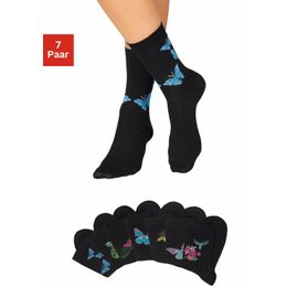 H.I.S. Socken H.I.S, Damen, Gr. 35-38, schwarz (schwarz, gemustert), Baumwolle, Elasthan, Polyamid, gemustert, elastisch, Socken, mit Schmetterlings- und Vogelmotiven