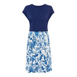 Sommerkleid Lascana, Damen, Gr. 40, N-Gr, blau (blau, creme bedruckt), Jersey, Obermaterial: 100% Viskose, bedruckt, figurumspielend ca. Mitte Oberschenkel, Rundhals, Kleider, mit bedrucktem Rock, T-Shirtkleid, Strandkleid
