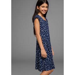 Jerseykleid Kangaroos "Skaterkleid aus Viskose", Mädchen, Gr. 128/134, N-Gr, blau (marine, bedruckt), Jersey, Obermaterial: 95% Viskose, 5% Elasthan, gepunktet, Modisch, ausgestellt kniefrei, Rundhals, Flügelärmel abgesteppte Kante, Kleider, für Sommer und Party, kniefrei, modisch, aus Viskose und Elasthan