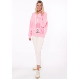 Sweatshirt Zwillingsherz ""Moin"", Damen, Gr. SM (S/M), rosa, angeraute Sweatware, Obermaterial: 50% Baumwolle, 50% Polyester, comfort fit hüftlang, V-Ausschnitt, Sweatshirts, mit Paillettenanker und gesticktem Schriftzug