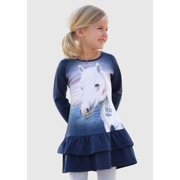 Jerseykleid Miss Melody, Mädchen, Gr. 104/110, N-Gr, blau (marine, bedruckt), Single Jersey, Obermaterial: 95% Baumwolle, 5% Elasthan, bedruckt, Rundhals, Raglanärmel abgesteppte Kante, Kleider, toller Frontdruck mit Glitzereffekt