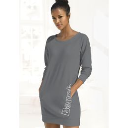 Sweatkleid BENCH. LOUNGEWEAR, Damen, Gr. 32/34, N-Gr, grau (stone, weiß), Interlock, Obermaterial: 60% Baumwolle, 40% Polyester, unifarben, bequem ca. Mitte Oberschenkel, Rundhals, Rippbündchen, Kleider, mit seitlichem Logoprint