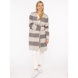 Strickjacke Zwillingsherz "Streifen & Schalkragen", Damen, Gr. S/M, grau, Strick, Obermaterial: 50% Viskose, 27% Polyester, 23% Nylon, gestreift, bequem knielang, V-Ausschnitt, Strickjacken Strickjacke, Schalkragen, Langarm, Taschen, knielang, Bockstreifen