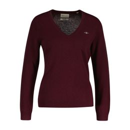 V-Ausschnitt-Pullover Gant "EXTRAFINE LAMBSWOOL V-NECK", Damen, Gr. L, plum wine, Strick, Obermaterial: 90% Wolle, 10% Polyamid, V-Ausschnitt, Rippbündchen, Pullover