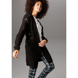 Longstrickjacke Aniston SELECTED, Damen, Gr. 34, schwarz, Strick, Obermaterial: 100% Polyacryl, Ajourstrickmuster, lässig geschnitten, V-Ausschnitt, Strickjacken, mit Lochstrick-Muster, Topseller