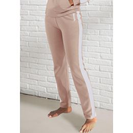 Loungehose BENCH. LOUNGEWEAR, Damen, Gr. 40/42, N-Gr, beige (beige, weiß), JerseyInterlock, Obermaterial: 60% Baumwolle, 40% Polyester, unifarben mit Farbeinsatz, sportlich, bequem, Hosen, mit Seitenstreifen und geradem Bein, Loungewear