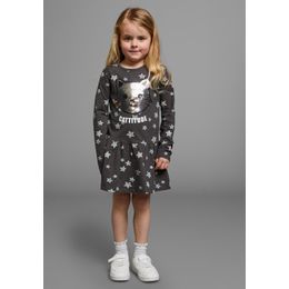 Jerseykleid Kidsworld "Kleid mit Pailletten", Mädchen, Gr. 104/110, N-Gr, grau (anthrazit, gemustert), Jersey, Obermaterial: 57% Baumwolle, 38% Polyester, 5% Elasthan, bedruckt, figurumspielend ca. Mitte Oberschenkel, Rundhals, abgesteppte Kante, Kleider, Shirtkleid mit süßer Paillettenapplikation