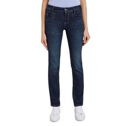 Gerade Jeans Tom Tailor "Alexa Straight", Damen, Gr. 31, Länge 34, blau (schwarz stone washed), Denim/Jeans, Obermaterial: 69% Baumwolle, 20% Polyester, 9% Viskose, 2% Elasthan, bequem lang, Jeans, mit Kontrastnähten