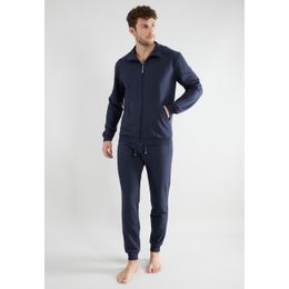 Götzburg Loungeanzug GÖTZBURG "Boston", Herren, Gr. 50M, blau (blau, dunkel, uni), Obermaterial: 95% Baumwolle, 5% Elasthan, Casual, bequem lang, ohne Ausschnitt, Homewear-Sets, seitliche Eingrifftaschen, Oberteil mit Reißverschluss, Baumwollmix