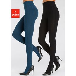 Strickstrumpfhose Lascana, Damen, Gr. 52/54, blau (1x schwarz, 1x petrol), Obermaterial: 70% Baumwolle, 28% Polyamid, 2% Elasthan, uni und gemustert, Strumpfhosen, mit Zopfmuster