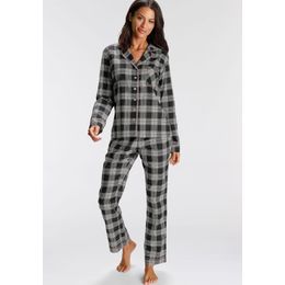 H.I.S. Pyjama H.I.S, Damen, Gr. 32, schwarz-weiß (schwarz, kariert), Flanell, Obermaterial: 100% Baumwolle, kariert, Basic normal, V-Ausschnitt, Manschette kontrastfarben, Homewear-Sets, aus Flanell mit Allover-Karomuster