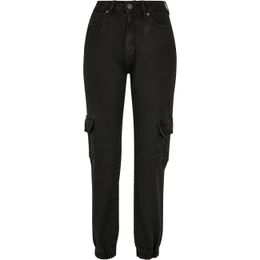 Stoffhose Urban Classics "Urban Classics Damen Ladies Organic Stretch Denim Cargo Pants", Damen, Gr. 27, Normalgrößen, schwarz (schwarzwashed), 50% Baumwolle (Bio), 48% Baumwolle, 2% Elasthan, unifarben, loose fit, Hosen