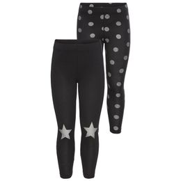Leggings Kidsworld "2er Pack Leggings, mit Sternen-Print", Mädchen, Gr. 104/110, N-Gr, schwarz (anthrazit sterne, punkte), Jersey, Obermaterial: 95% Baumwolle, 5% Elasthan, Glitzermuster, bedruckt, schmal lang, Hosen, mit Glitzerdruck