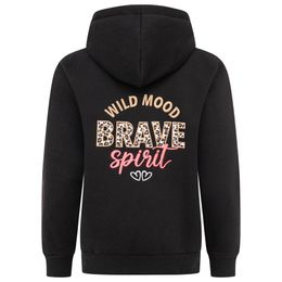 Kapuzensweatjacke Zwillingsherz ""Brave Spirit"", Damen, Gr. L/XL, schwarz, angeraute Sweatware, Obermaterial: 50% Baumwolle, 50% Polyester, Modisch, hüftbedeckend, ohne Ausschnitt, Sweatjacken, Langarm, Reißverschluss, Kapuze, Kordelzug, Animal-Details