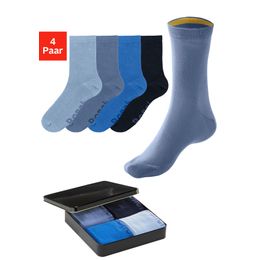 Socken Bench., Damen, Gr. 35-38, blau (1x royal blau, 1x marine, 1x blau, 1x jeans), Baumwollmischung, unifarben, elastisch, Socken Socken, mit farbigen Innenbündchen, sortiert in edler Geschenkdose
