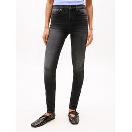 Skinny-fit-Jeans Tommy Jeans "NORA MR SKNY AH1280", Damen, Gr. 31, Länge 30, schwarz (denim schwarz), Denim/Jeans, Obermaterial: 72% Baumwolle, 21% Modal, 5% Polyester, 2% Elasthan, unifarben, skinny fit knöchellang, Jeans, mit Logo-Badge