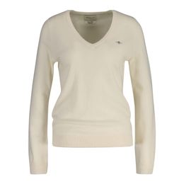 V-Ausschnitt-Pullover Gant "EXTRAFINE LAMBSWOOL V-NECK", Damen, Gr. L, cream, Strick, Obermaterial: 90% Wolle, 10% Polyamid, V-Ausschnitt, Rippbündchen, Pullover