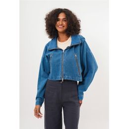 Jeansjacke FRESHLIONS "Juliana", Damen, Gr. S, blau (dunkelblau), 100% Baumwolle, unifarben, normal, hoch geschlossener Ausschnitt, Jacken, im kuscheligen Design mit Kapuze
