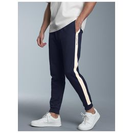 Jerseyhose TRIGEMA "TRIGEMA Jogginghose mit kontrastfarbigen Seitenstreifen", Herren, Gr. XL, US-Gr&ouml;&szlig;en, blau (navy), 70% Baumwolle, 30% Polyester, Basic, Hosen Jerseyhose
