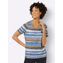 T-Shirt Casual Looks "Shirt", Damen, Gr. 36, blau (mittelblau, camel, bedruckt), 100% Baumwolle, gemustert, gestreift, mehrfarbig, Rundhals, Shirts