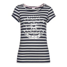 Print-Shirt Kangaroos, Damen, Gr. 40/42 (M), blau (marine, weiß, gestreift), Single Jersey, Obermaterial: 50% Baumwolle, 50% Modal, bedruckt, gestreift, figurbetont hüftlang, Rundhals, mit Aufschlag, Shirts, Kurzarm, figurbetonter Schnitt, mit Metallic-Print