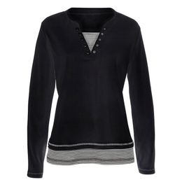 2-in-1-Langarmshirt Inspirationen "Shirt", Damen, Gr. 38, schwarz (schwarz, ecru, geringelt), 100% Baumwolle, gemustert, gestreift, unifarben, V-Ausschnitt, Shirts