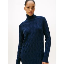 Strickkleid Tommy Hilfiger "SOFT WOOL CABLE ROLL-NK LS DRESS", Damen, Gr. M38, N-Gr, blau (schwarz night navy), Strick, Obermaterial: 100% Wolle, unifarben, Kleider, mit Zopfmuster, aus reiner Wolle