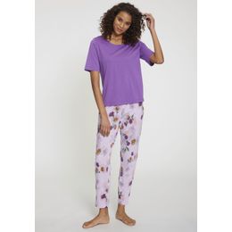 Pyjama Vivance Dreams, Damen, Gr. 32/34, grau (flieder geblümt), Single Jersey, Obermaterial: 50% Baumwolle, 50% Viskose, geblümt, Basic, bequem lang, Rundhals, abgesteppt, Homewear-Sets, mit Blumen-Druck