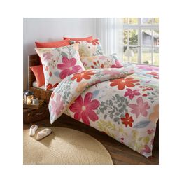 Bettwäsche HEINE HOME Gr. 1, pink (weiß, fuchsia, bedruckt), B/L: 135cm x 200cm, Mako-Satin, B/L: 80cm x 80cm, 2 Stk., Mako-Satin, 100% Baumwolle, Bettwäsche