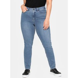 Stretch-Jeans sheego, Damen, Gr. 112, Langgrößen, blau (blau denim), 37% Viskose, 34% Baumwolle, 27% Polyester, 2% Elasthan, unifarben, lang, Jeans