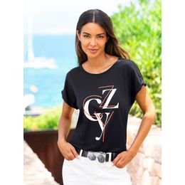 T-Shirt Heine "Shirt", Damen, Gr. 34, schwarz (schwarz, ecru, bedruckt), 95% Viskose, 5% Elasthan, bedruckt, gemustert, mehrfarbig, Rundhals, Shirts