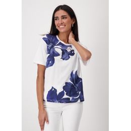 Rundhalsshirt monari "Shirt Blumen plaziert", Damen, Gr. 36, blau (navy blau), Web, Obermaterial: 50% Baumwolle, 50% Modal, geblümt, gemustert, mehrfarbig, regular fit normal, Rundhals, eingesetzt abgesteppte Kante, Shirts Rundhalsshirt, mit Blumendruck