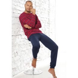 H.I.S. Pyjama H.I.S, Herren, Gr. 44/46 (S), rot (rot, navy), Single Jersey, Obermaterial: 60% Baumwolle, 40% Polyester, gestreift, Basic, bequem, Rundhals, Homewear-Sets, Schlafanzug mit garngefärbten Streifen
