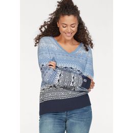 Jacquardpullover Kangaroos, Damen, Gr. 44-46 (L), blau (marine, hellblau), Feinstrick, Obermaterial: 50% Baumwolle, 50% Polyacryl, Jacquardmuster, Casual, figurbetont hüftlang, V-Ausschnitt, Rippbündchen mit Daumenlöchern, Pullover Norwegerpullover Weihnachtspullover Rundhalspullover Strickpullover Pullover V-Pullover, im Norweger-Muster mit kleinen Kängurus, Topseller