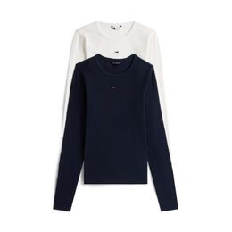 Langarmshirt Tommy Jeans "TJW 2PACK SLIM ESSENTIAL RIB LS", Damen, Gr. L (40), blau (ecru, schwarz night navy), Single Jersey, Obermaterial: 95% Baumwolle, 5% Elasthan, Basic, slim fit hüftlang, Rundhals, abgesteppt, Shirts, in Rippoptik, mit Logostickerei