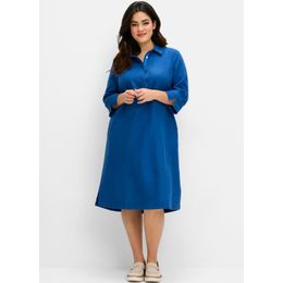 Sommerkleid sheego "Blusenkleid", Damen, Gr. 50, Normalgrößen, blau (blaubeere), 55% Leinen, 45% Viskose, unifarben, wadenlang, Kleider