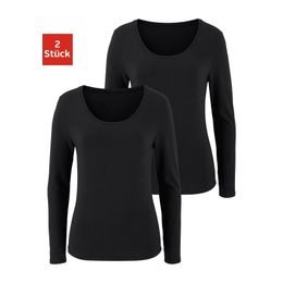Langarmshirt Vivance "aus elastischer Baumwoll-Qualität", Damen, Gr. 32/34, schwarz, Single Jersey, Obermaterial: 95% Baumwolle, 5% Elasthan, unifarben, Basic, bequem normal, tiefer Rundhals, Shirts