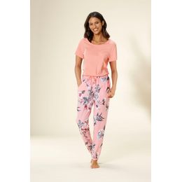 Pyjama Vivance Dreams, Damen, Gr. 32/34, orange (coral, apricot), Single Jersey, Obermaterial: 100% Baumwolle, geblümt, Basic, bequem lang, Rundhals, angeschnitten, Homewear-Sets, mit Blumendruck
