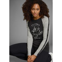Longsleeve Kangaroos, Damen, Gr. 32/34 (XS), grau (schwarz, grau, meliert), Rippware, Obermaterial: 100% Baumwolle. Ärmel: 95% Baumwolle, 5% Viskose, bedruckt, meliert, metallic, unifarben, sehr figurbetont hüftbedeckend, Rundhals, Raglanärmel kontrastfarben, Shirts, Langarm, sehr figurbetonte Passform, mit glänzendem Metallic-Druck