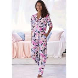 Pyjama Lascana, Damen, Gr. 32/34, rosa (rosa, blau, geblümt), Single Jersey, Obermaterial: 50% Baumwolle, 45% Viskose, 5% Elasthan, geblümt, Feminin, bequem lang, V-Ausschnitt, eingesetzt Manschette, Homewear-Sets, mit schönem Alloverdruck