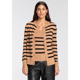 Strickjacke HECHTER PARIS, Damen, Gr. 32/34, beige (beige schwarz melange), Strick, Obermaterial: 50% Viskose, 28% Polyester, 22% Polyamid, Feminin, figurumspielend, Rundhals, Strickjacken, mit Kontraststreifen